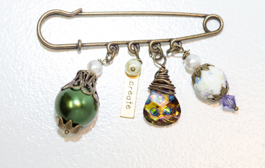 Create Antique Bronze Pin With Glass Pearl, Ceramic Bead and Crystal ...