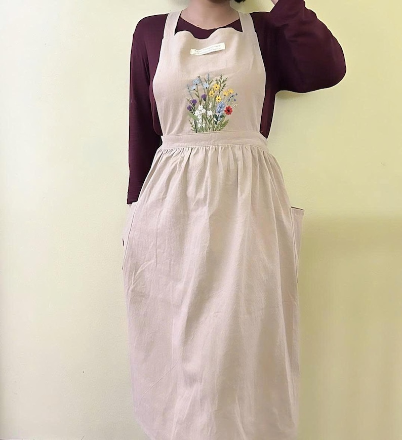 Custom Embroidered Linen Apron, Flower Garden Design, Personalized Gift ...