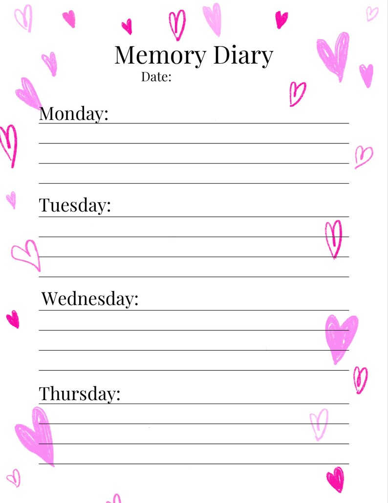 Printable Memory Diary With Heart Design, Memory Journal, Gratitude ...