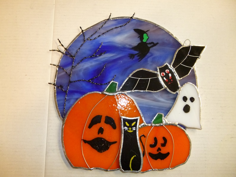 Stained glass halloween moon with pumpkins bat witchghost | Etsy