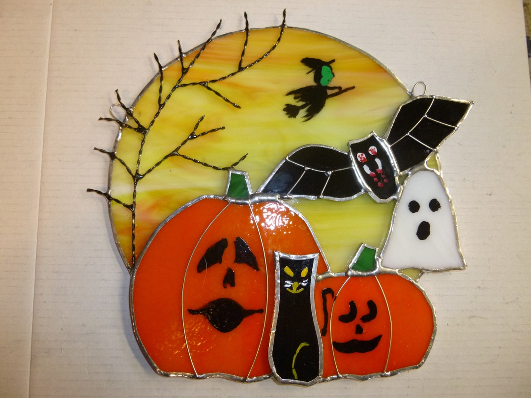 Stained Glass Halloween Moon With Pumpkins, Bat, Witch,ghost - Etsy