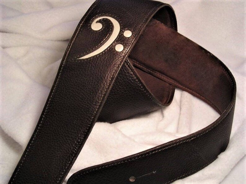 Custom Brown Leather Bass Strap W/dual Leather Bass Clefs / Ergonomic ...
