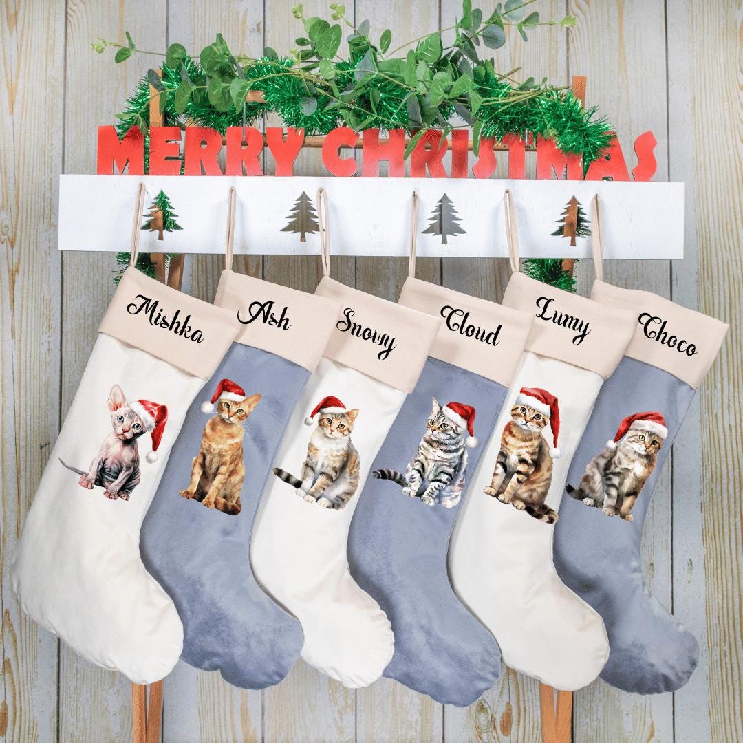 Personalized Velvet Christmas Stocking, Cat Breed Art, Custom Name Xmas ...