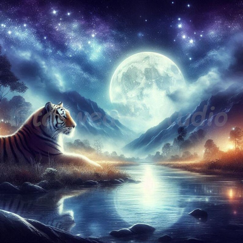 Tiger in the Moonlight, Instant Downloadable Wallpaper, Digital ...