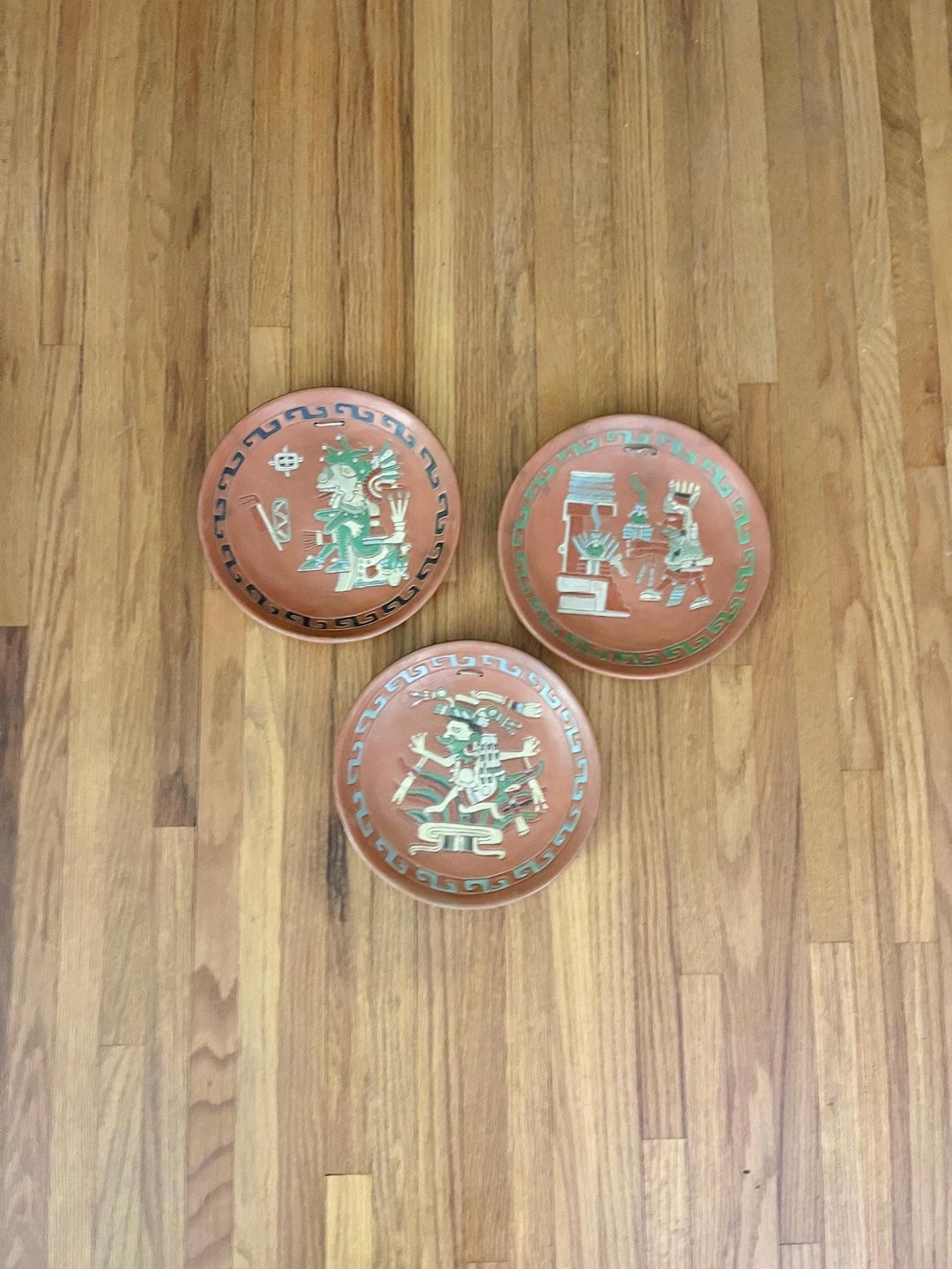 Vintage Set of 3 Hand Made Mayan or Mexican Clay Plates, Gods of Death ...