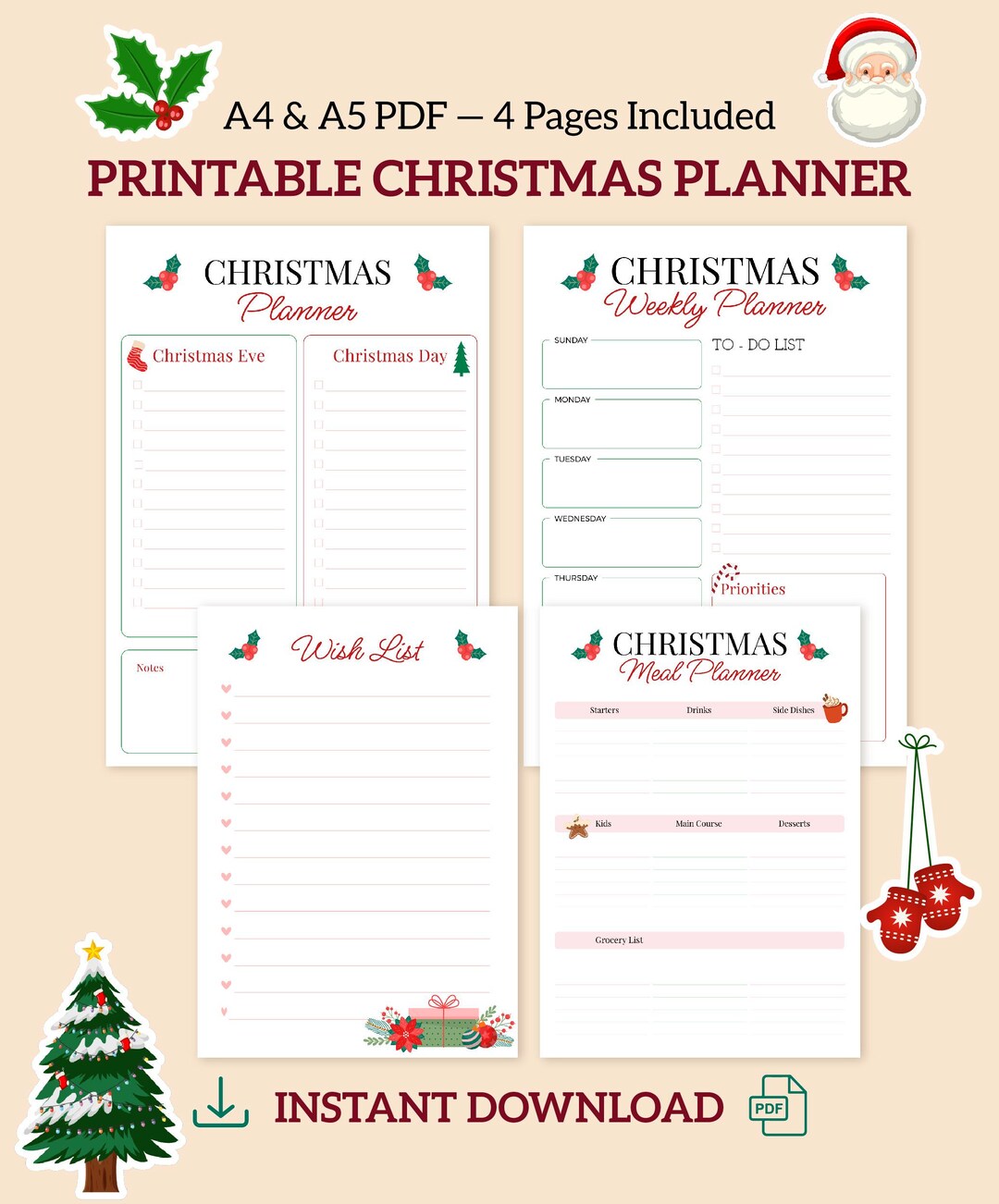 Printable Christmas Planner Bundle | Wish List, Meal & Weekly Planner ...