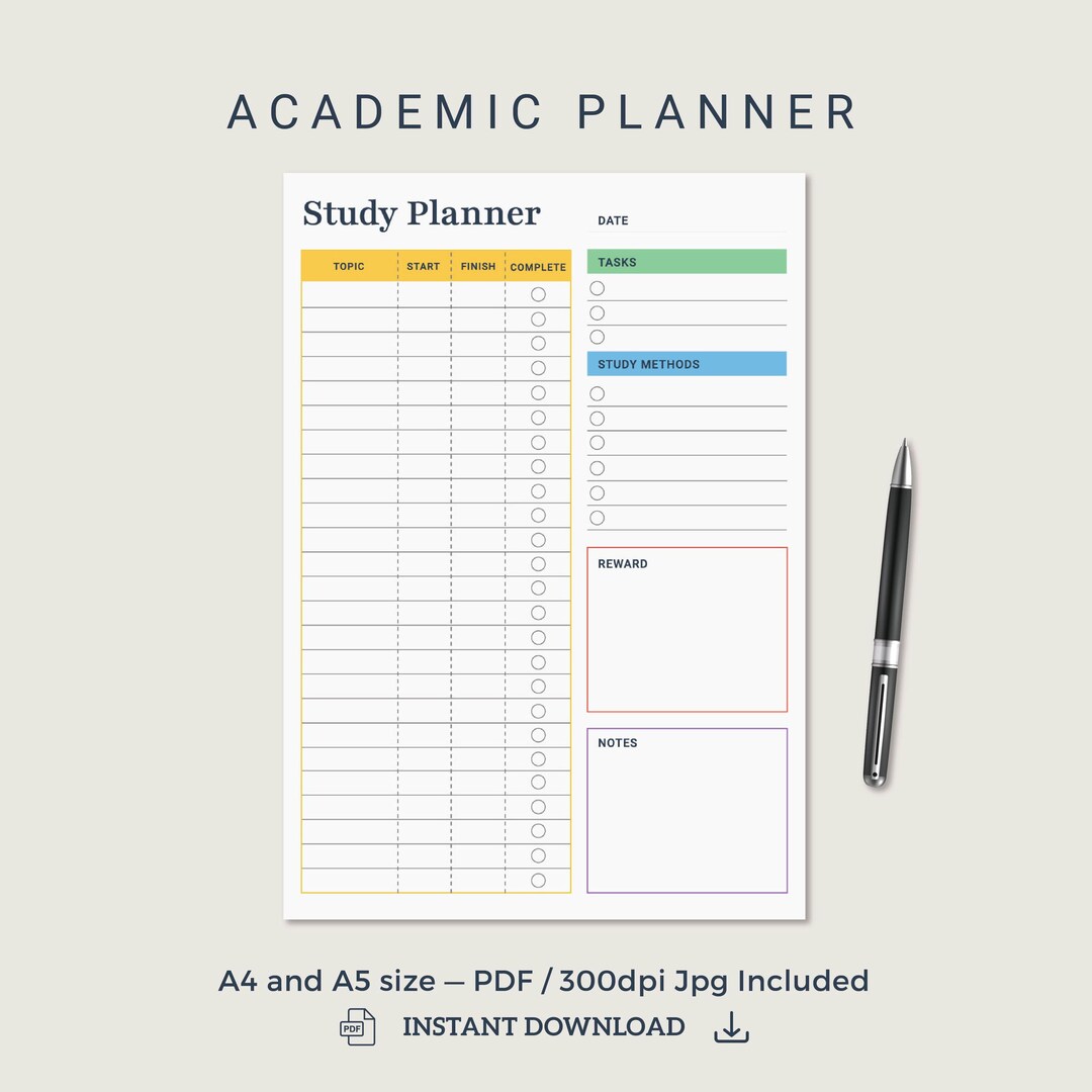 Academic Planner A4 A5 PDF: Daily Study Tracker and Exam Preparation ...