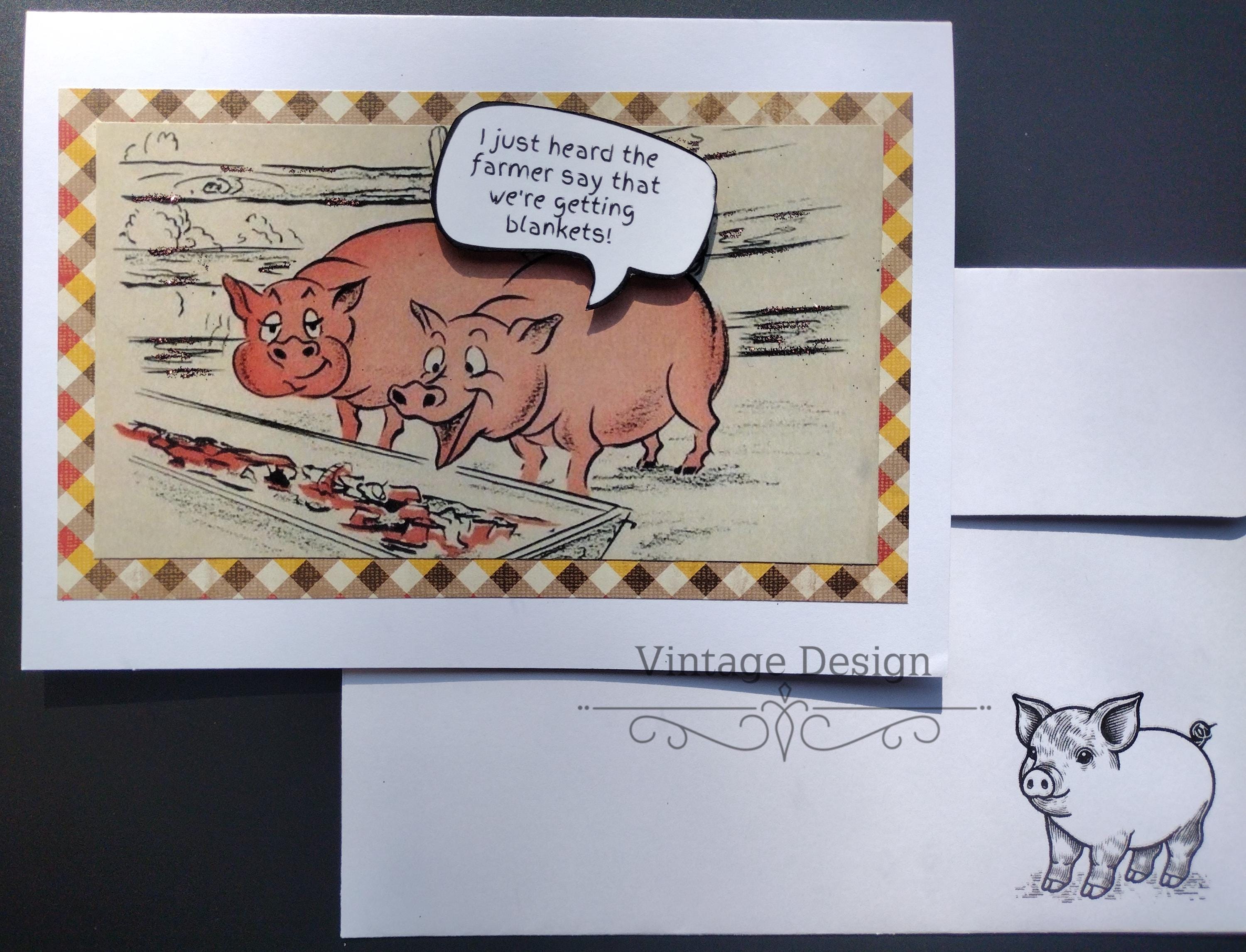 Handmade Birthday Greeting Card Featuring Vintage Pig Postcard. Funny ...