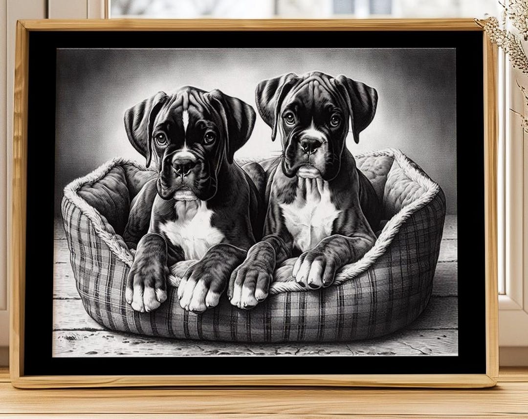 Print of Pen and Ink That Features Two Adorable Boxer Puppies Laying in ...