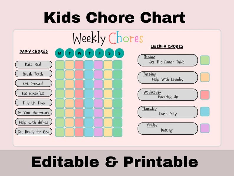 Editable Chore Chart, Printable Daily Chores, Daily Routine, Chart ...