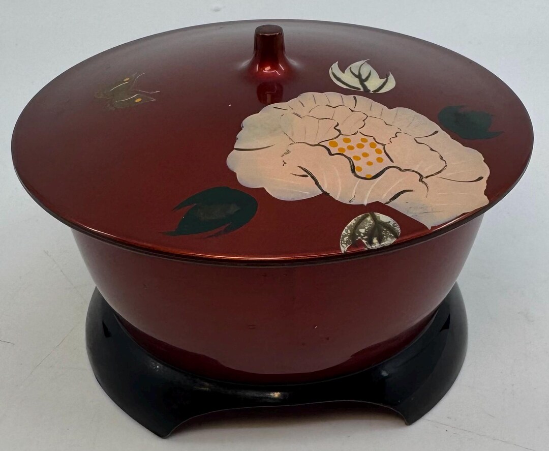 Vintage Japanese Lacquerware Bowl With Lid Hand Painted Floral Some ...