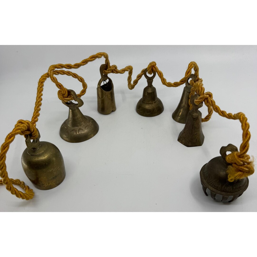 Vintage Brass Bells on Gold Rope With Engraved Designs & Rustic Charm ...