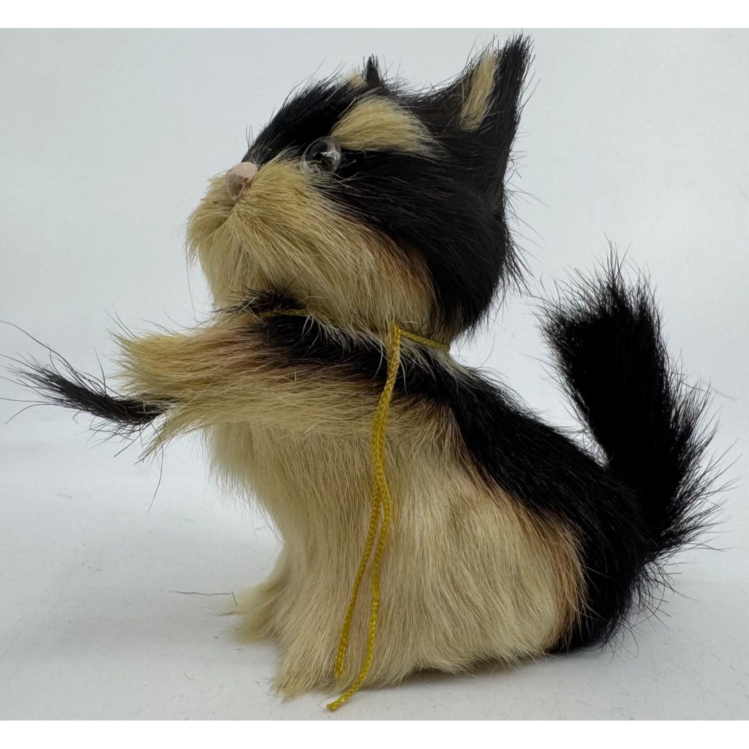 Handcrafted Miniature Furry Standing Cat Figurine Black & Tan 3.75”x 3. ...