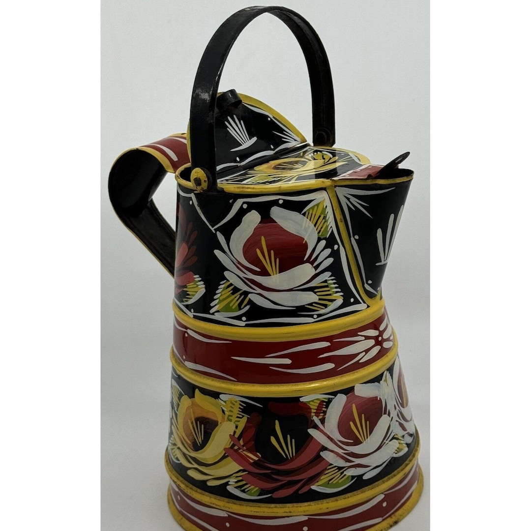 Vintage Toleware Canal Ware Teapot Hand Painted Roses M Kuiter 7” Dutch ...