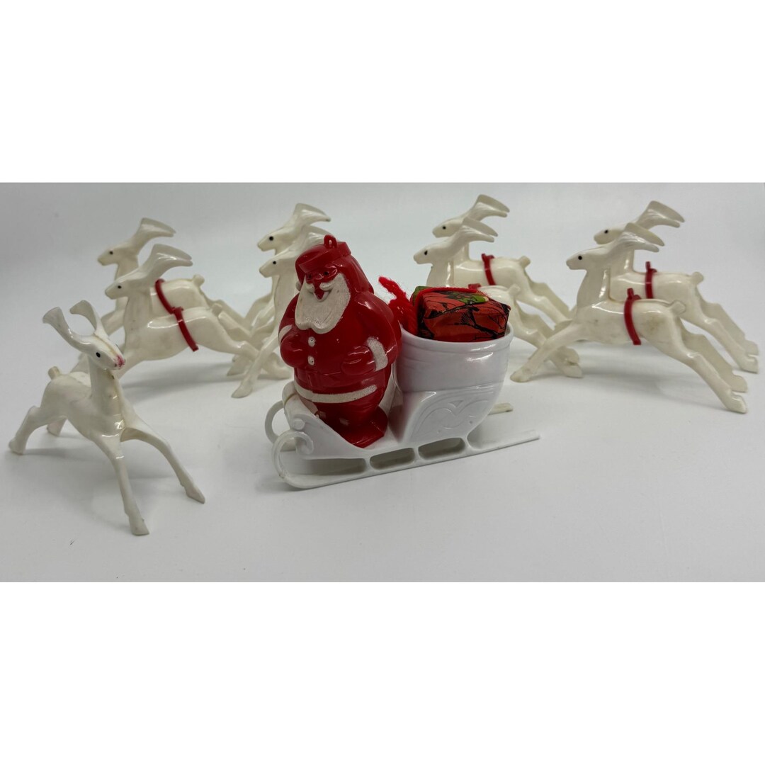 Rosbro Plastics 1950s MCM Christmas Santa, Sleigh & 9 Reindeer Figurine ...