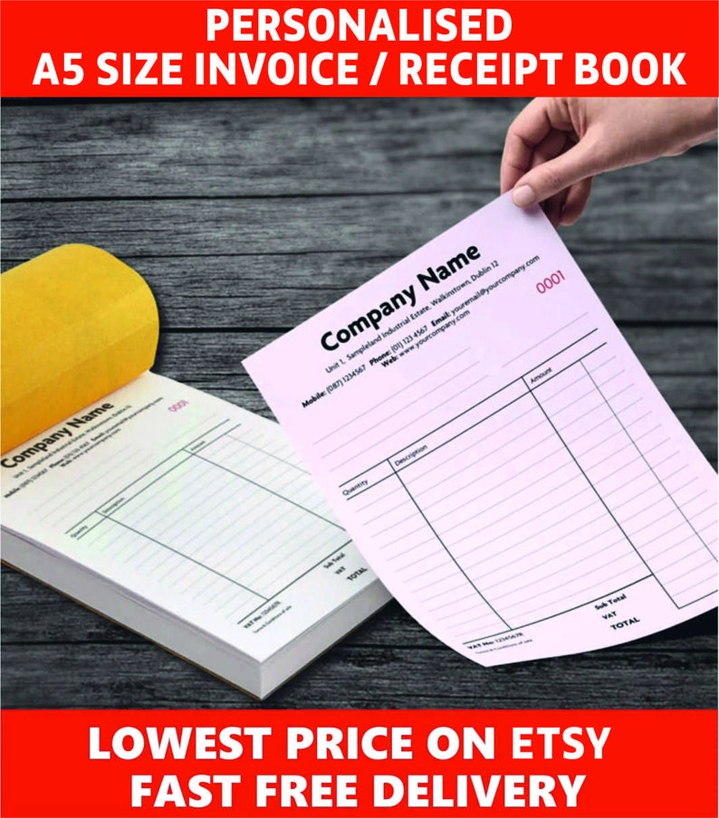 A5 Invoice / Receipt Book, PERSONALISED, Duplicate Receipt Pad , 50 ...