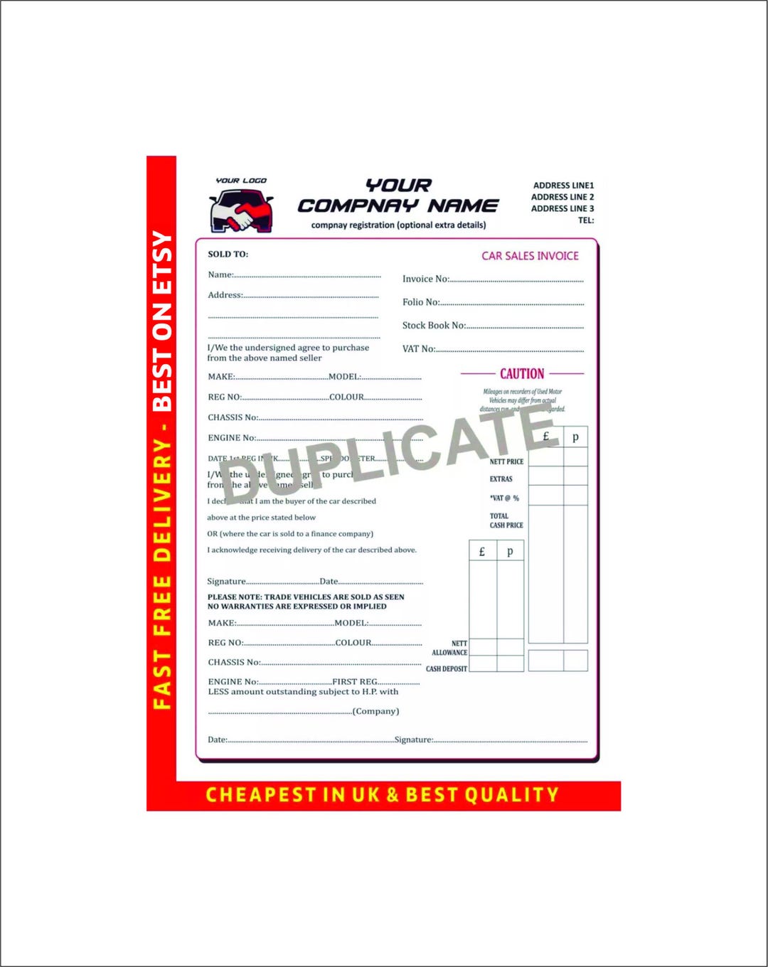 A4 Used CAR SALES INVOICE Pad Book, Motor Trade, Car Selling Receipt ...