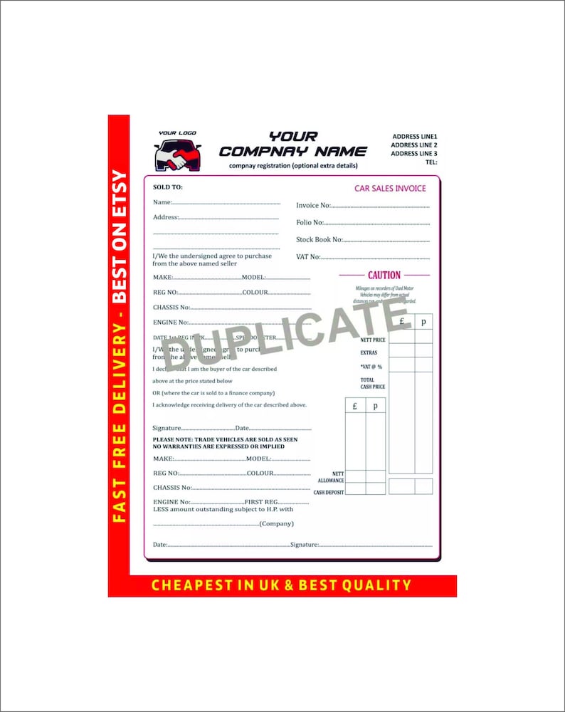 A4 Used CAR SALES INVOICE Pad Book, Motor Trade, Car Selling Receipt ...