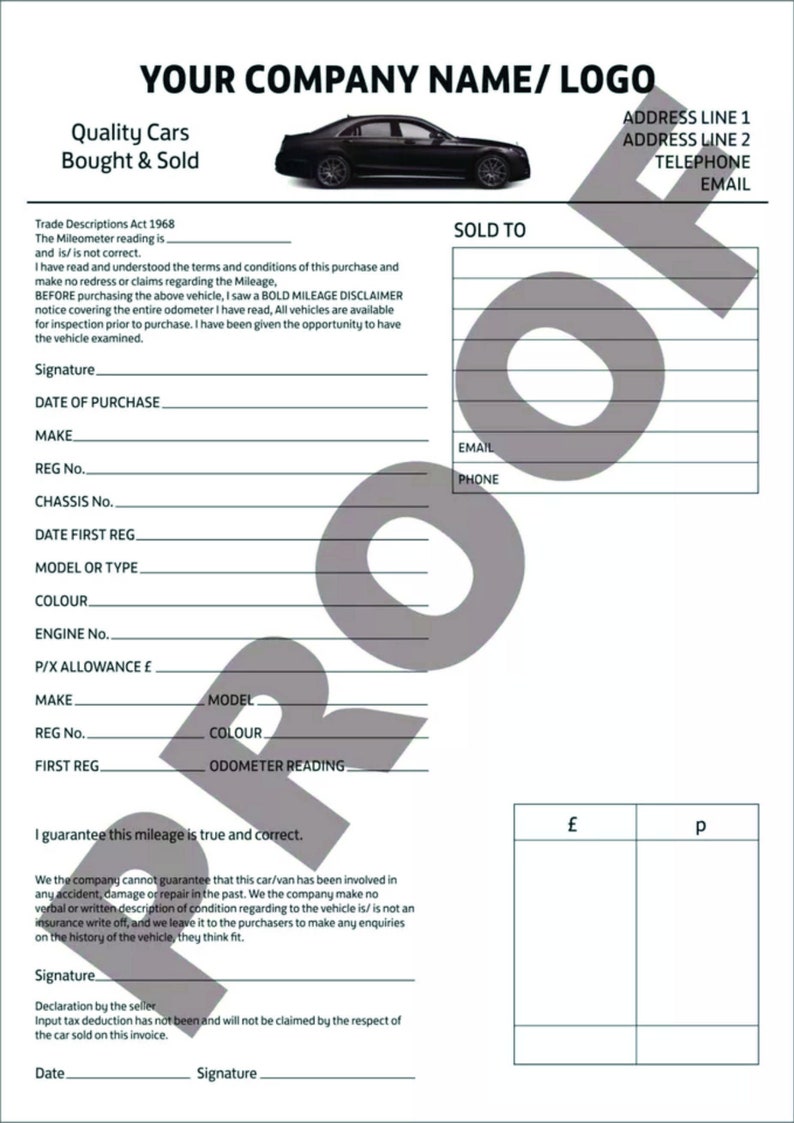A4 Used Car Sales Invoice Receipt Pad, Personalised, CAR SALES INVOICE ...