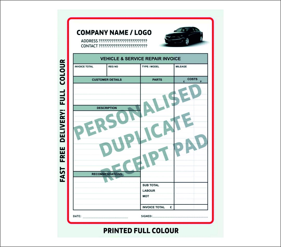 A5 Invoice Receipt Pad GARAGE / MECHANIC Service Book free Tracked ...