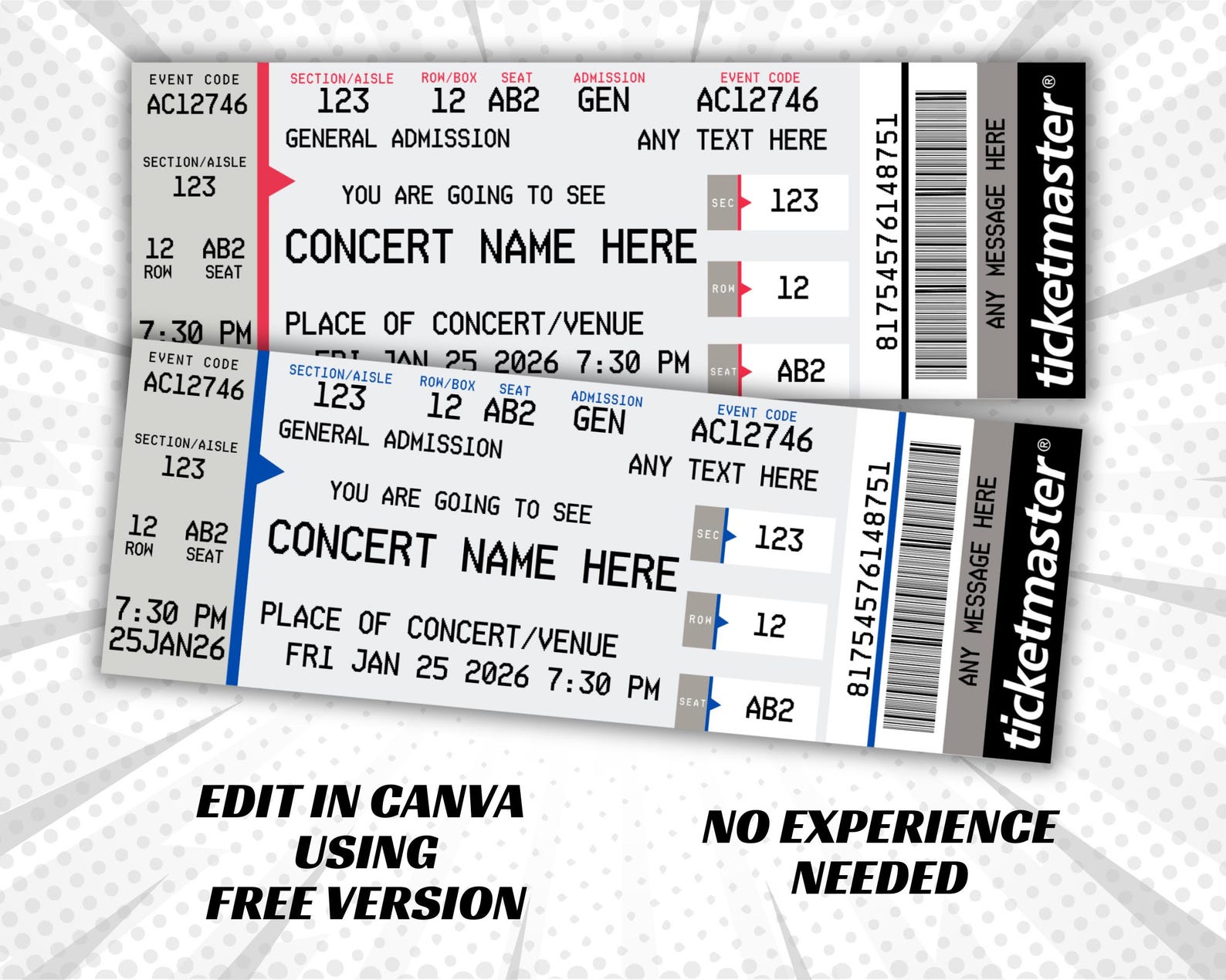 Custom Concert Ticket, Concert Ticket Template, Personalized Event ...