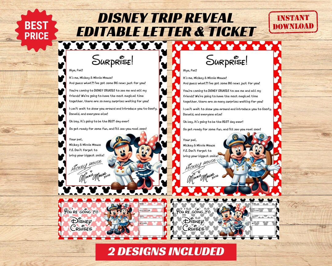 Editable Reveal Letter Vacation Trip Dworld and Dland Mickey Surprise ...