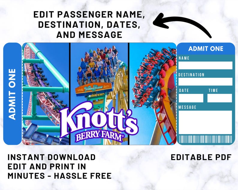 Printable Knotts Berry Farm Ticket, Surprise Trip Gift Ticket ...