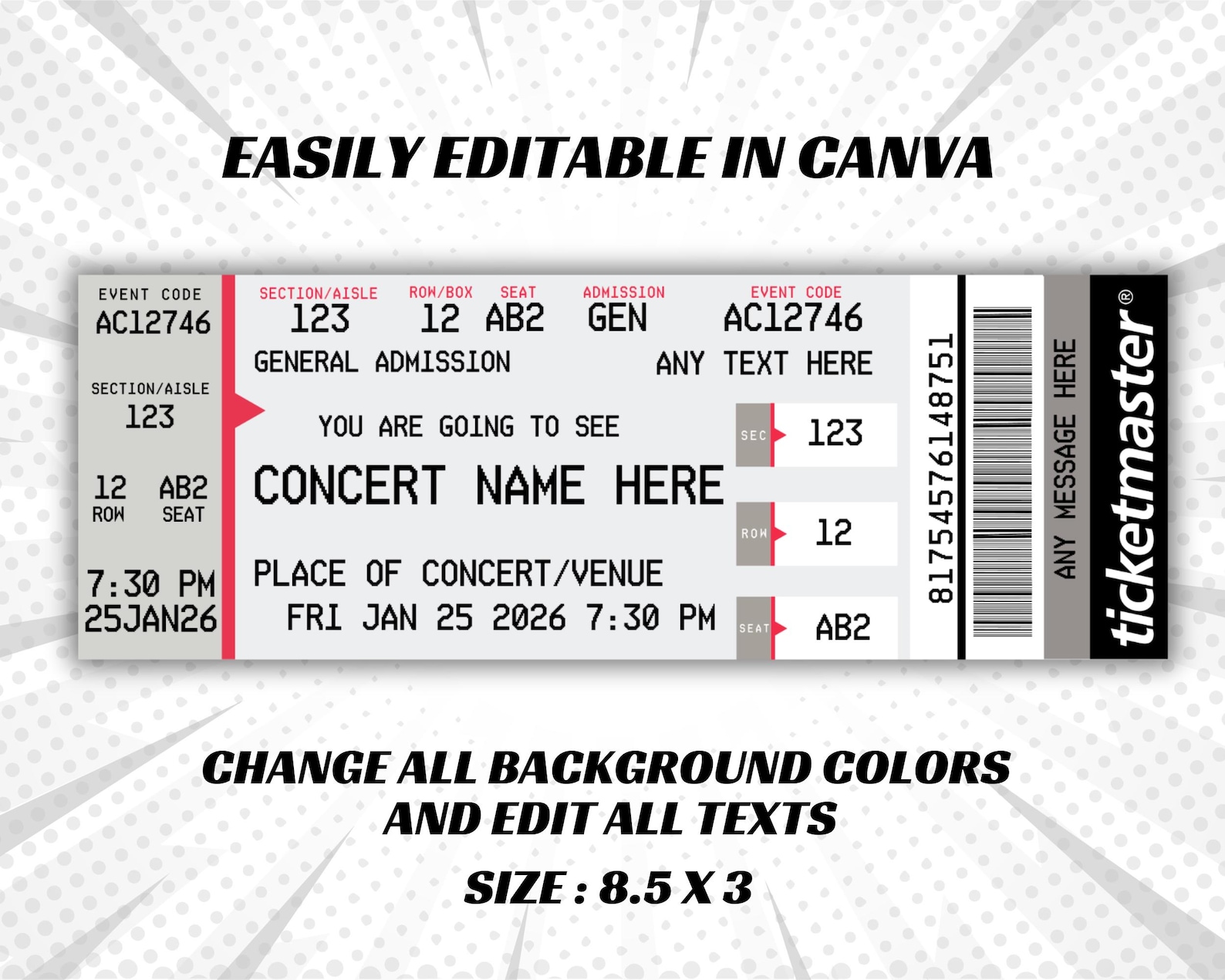 Custom Concert Ticket, Concert Ticket Template, Personalized Event ...