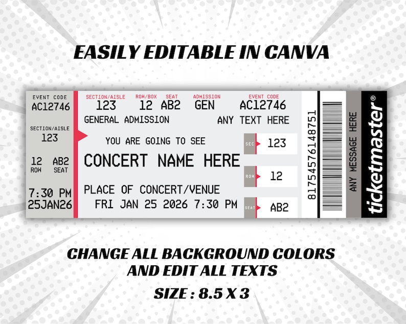 Custom Concert Ticket, Concert Ticket Template, Personalized Event Ticket, Surprise Ticket ...