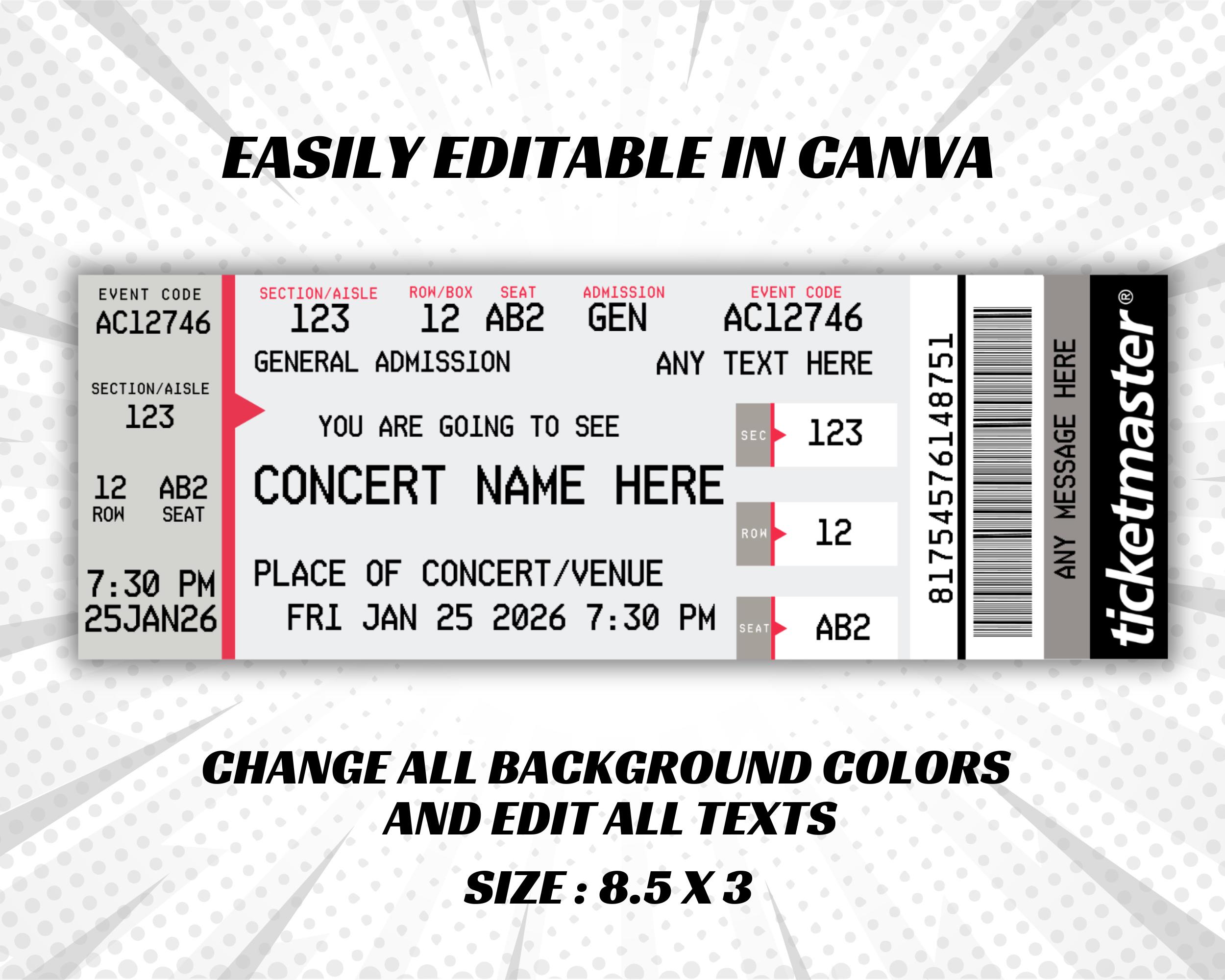 Custom Concert Ticket, Concert Ticket Template, Personalized Event ...