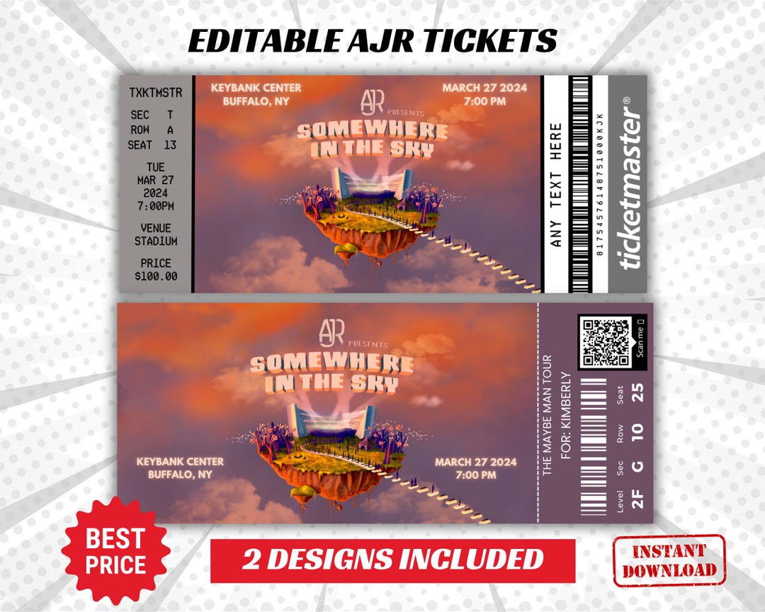 Editable AJR Concert Ticket, Somewhere in the Sky Ticket, Memorabilia ...