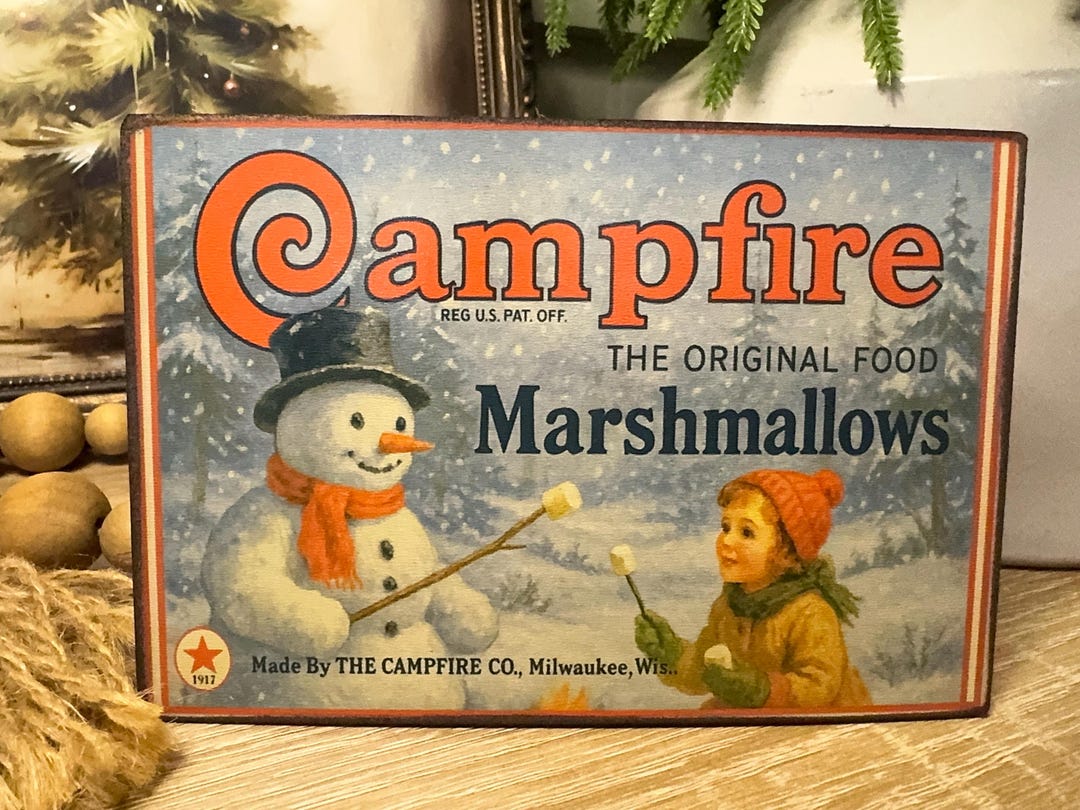 Vintage Inspired Snowman Campfire Marshmallows Christmas Sign Santa ...