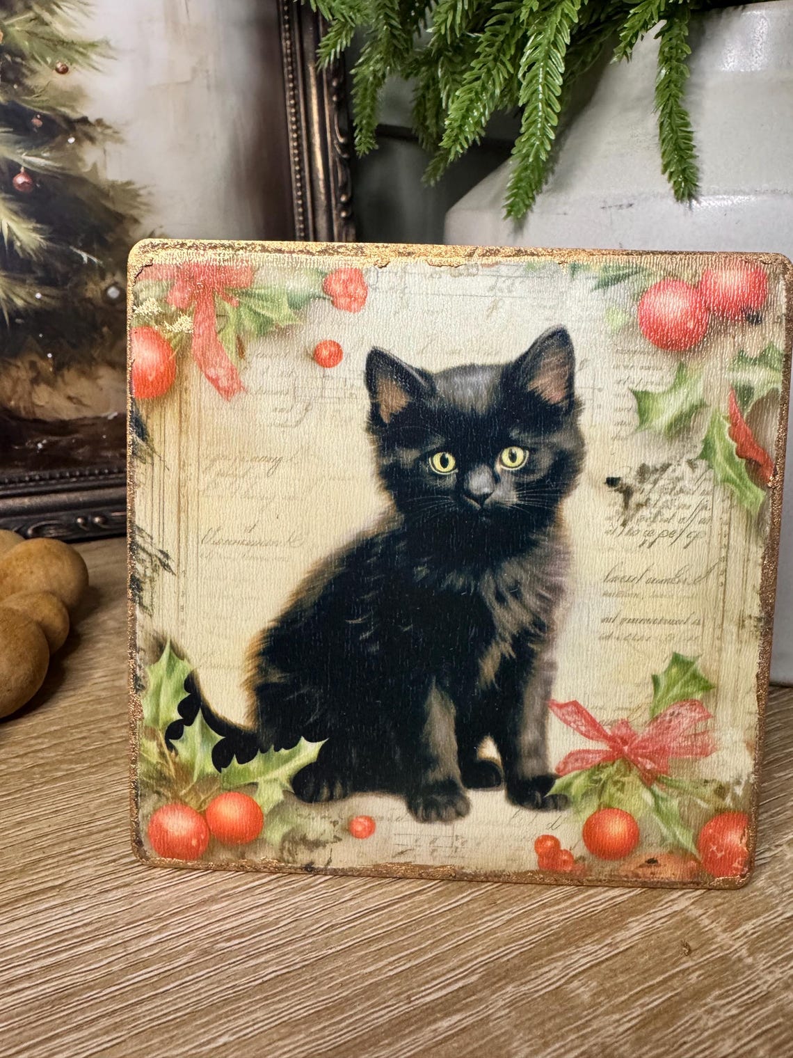 Christmas Kitten Sign Farmhouse Rustic Shelf Sitter Snowman Vintage ...