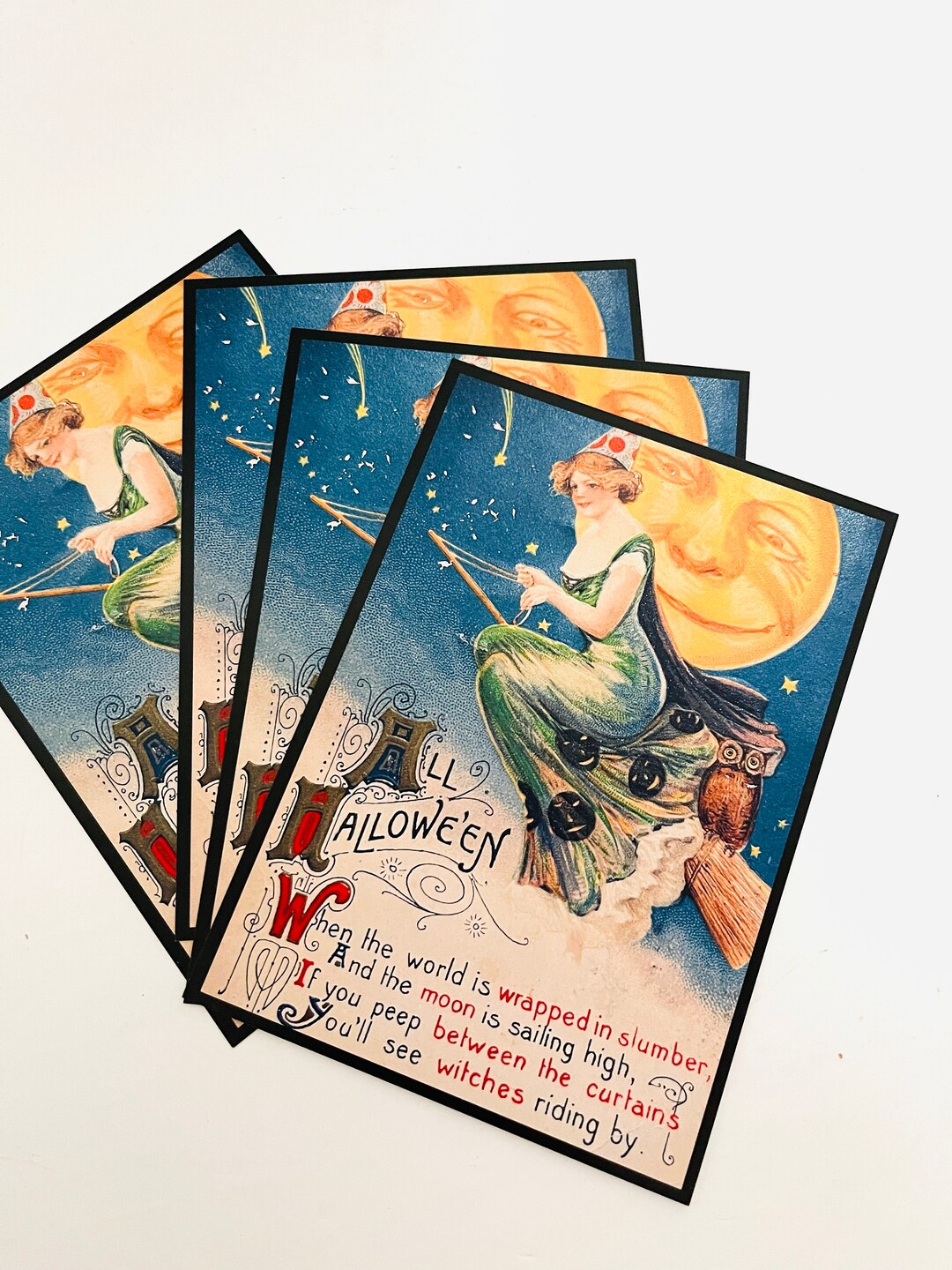 Vintage Witch Halloween Postcards: Moon & Owl Art Prints - Set of 4 - Etsy