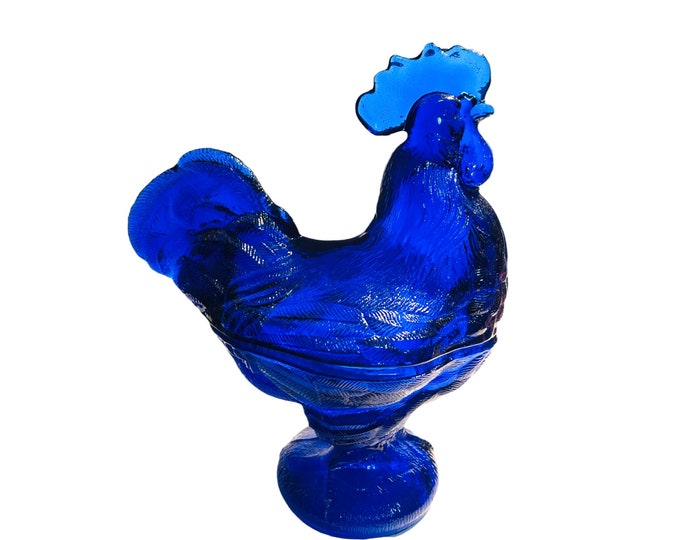 Rare Vintage Cobalt Blue Glass Rooster Hen on a Nest Pedestal Dish ...