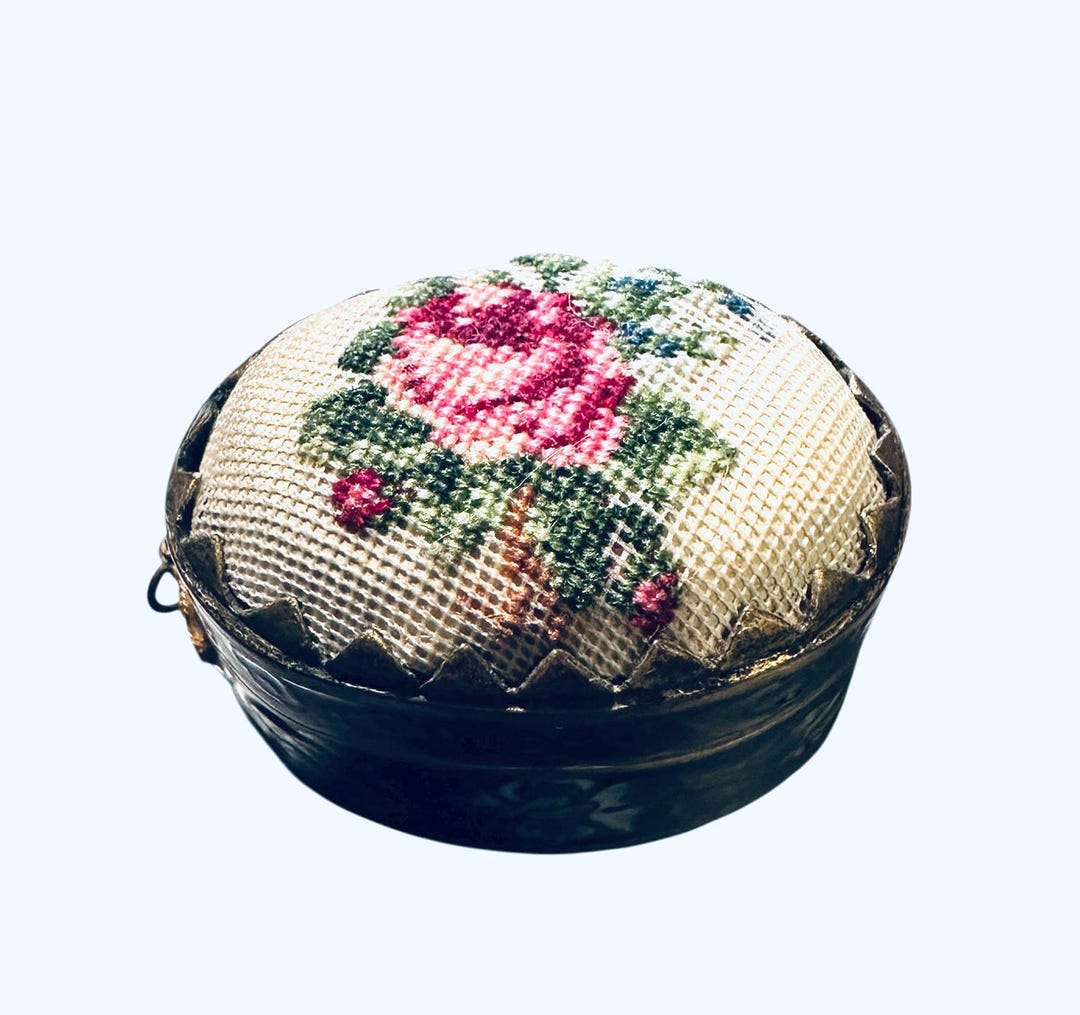 Vintage Petit Point Box, Petit Point Rose Floral Enamel Trinket Box or ...