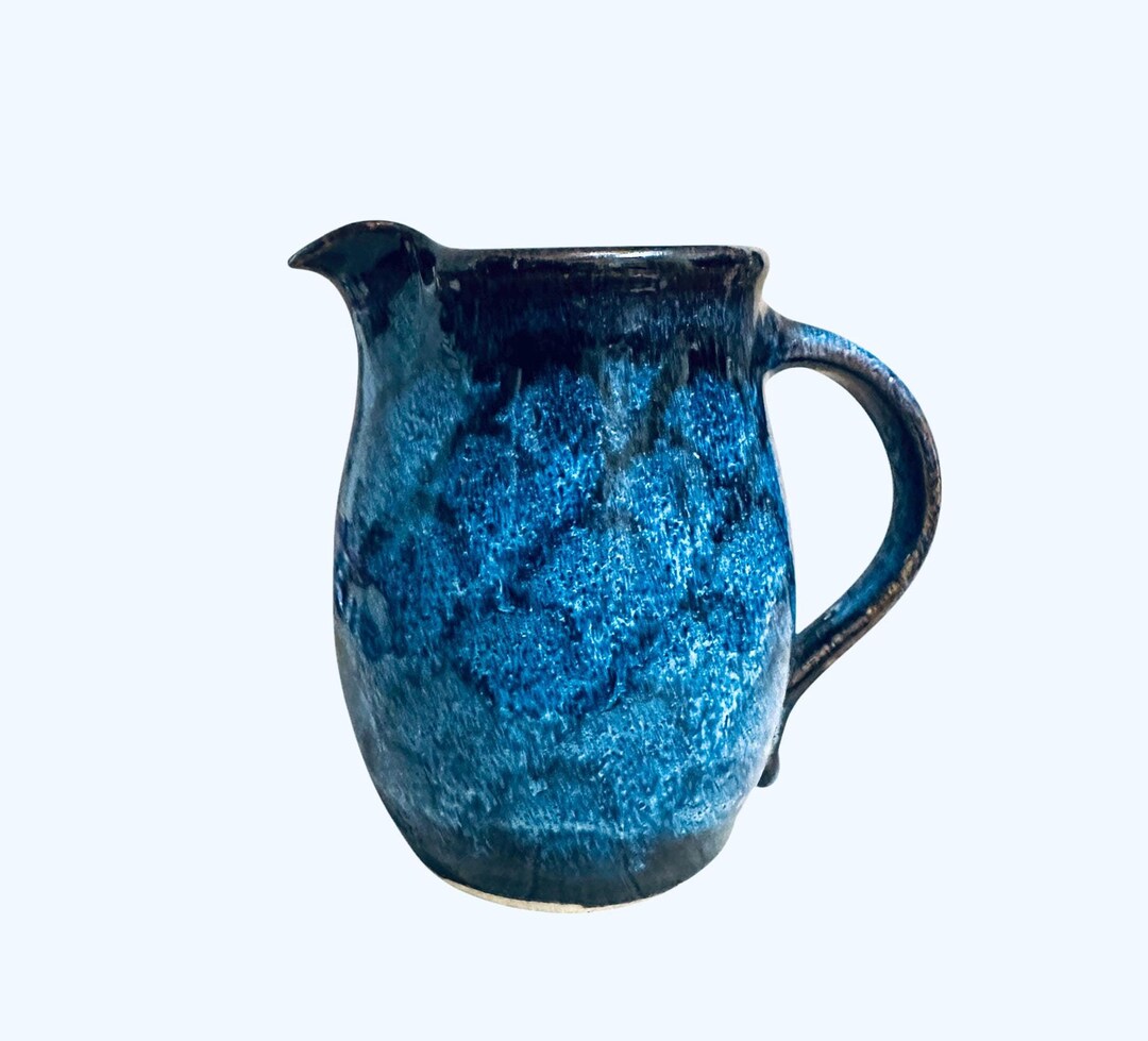Signed Tracy Dotson Pottery Pitcher: Fish Scale Blue Glaze, North ...