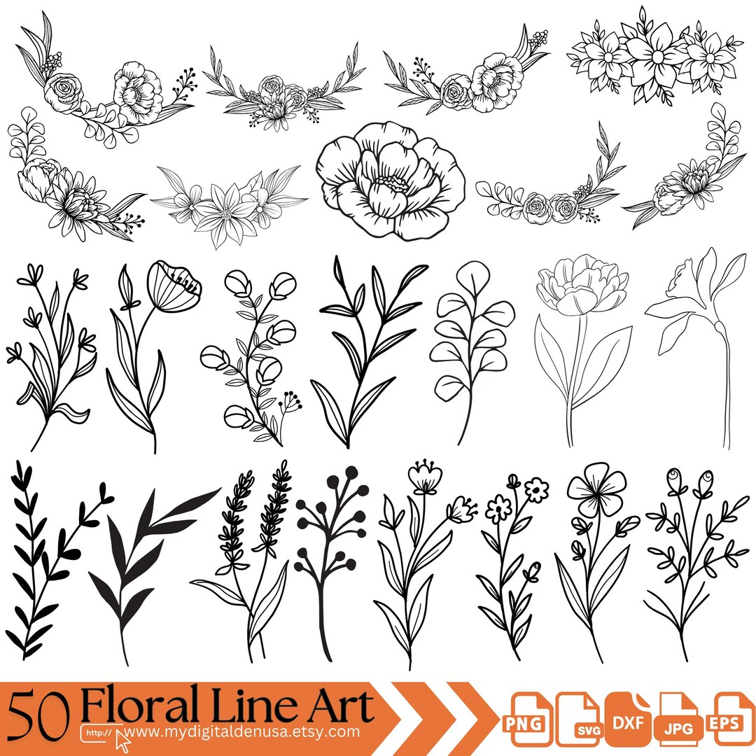 Floral Line Art SVG: Wildflower Bouquet, Hand-drawn Doodle (commercial ...