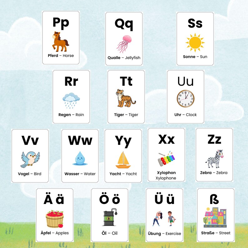 German Alphabet Flashcards A–Z + Ä Ö Ü ß | Bilingual English German ...