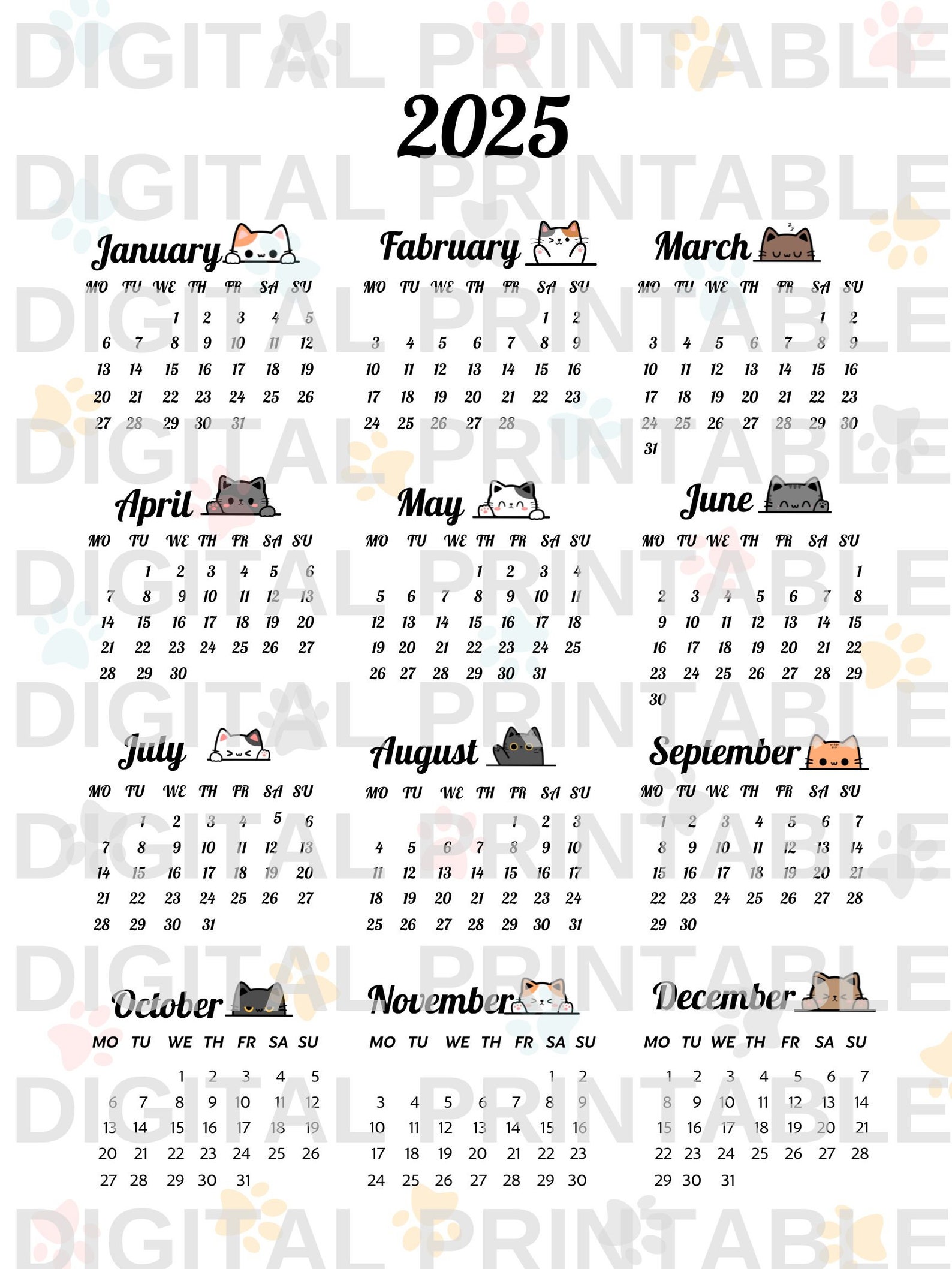 CUTE Cats 2025 Calendar ,2025 Annual Calendar , Printable 2025 Wall ...