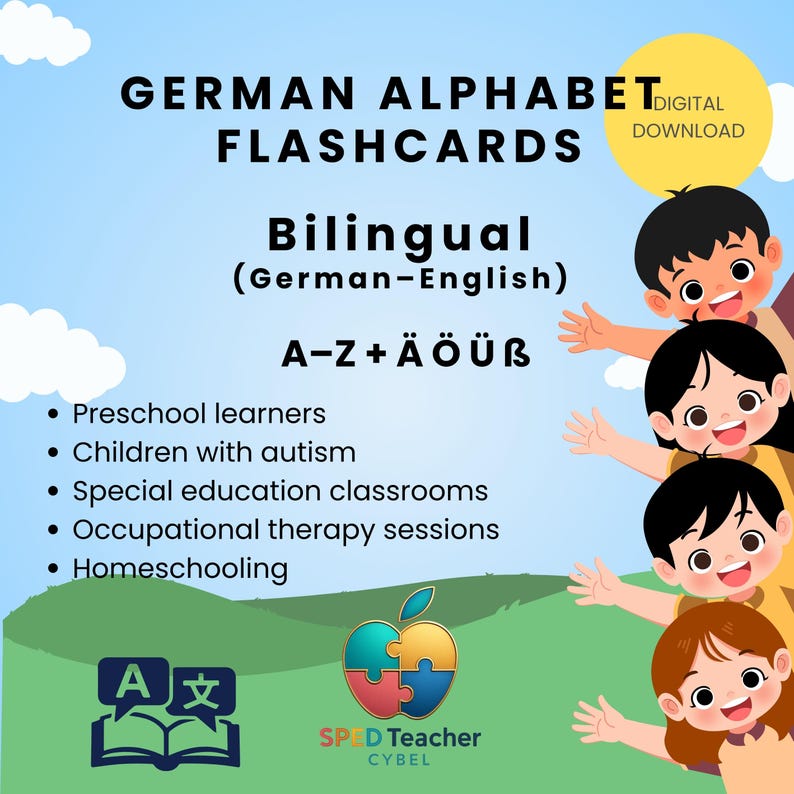 German Alphabet Flashcards A–Z + Ä Ö Ü ß | Bilingual English German ...