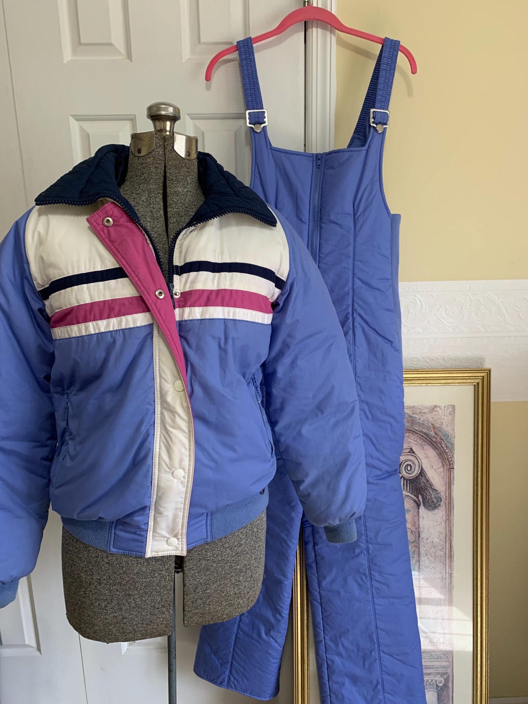 Vintage Profile Snowsuit: Retro Powder Blue Striped Jacket & Jumpsuit ...