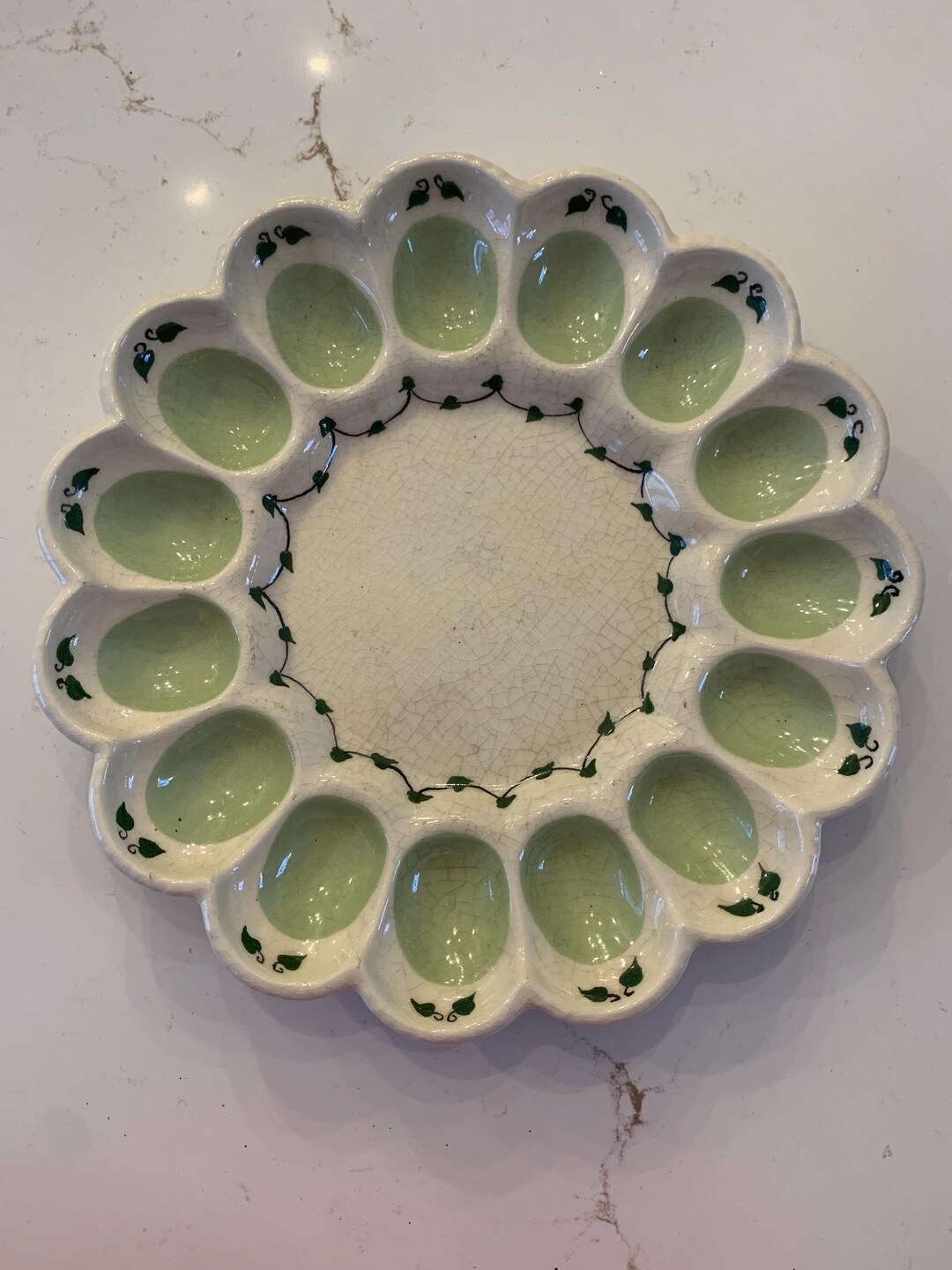 Deviled Egg Plate Vintage 1950s Green / Cream 10 Inches Minor Wear ...