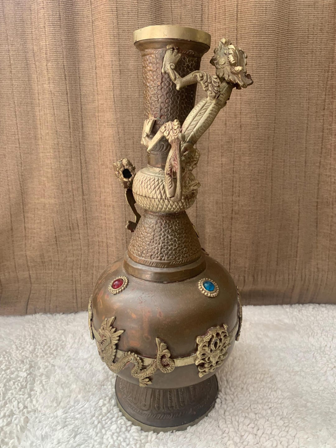 Solid Brass Dragon Embellished Vase 15” X 5” Made in India Jeweled - Etsy