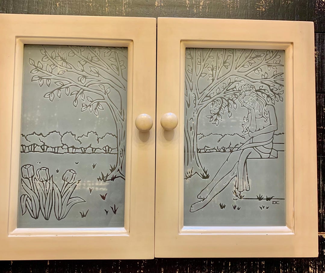 Vintage Acid Etched Glass Window Shutters: Lady, Tree, Florals (14”x10 ...