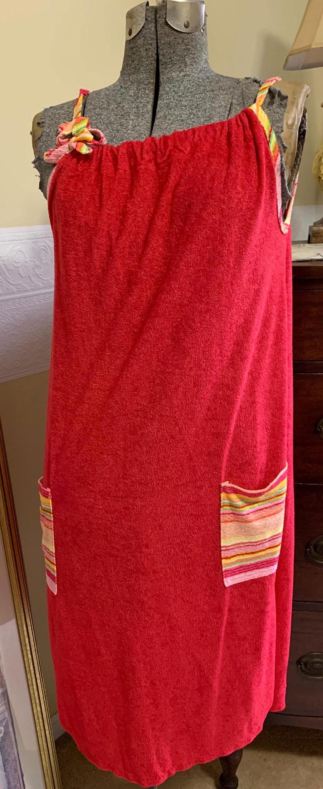 Vintage 70s Red Terry Cloth Dress: Striped Pockets, Drawstring Neck ...
