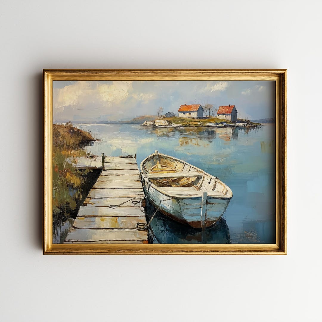 Rustic Coastal Rowboat Painting - Scandinavian Style, Moody Seascape ...