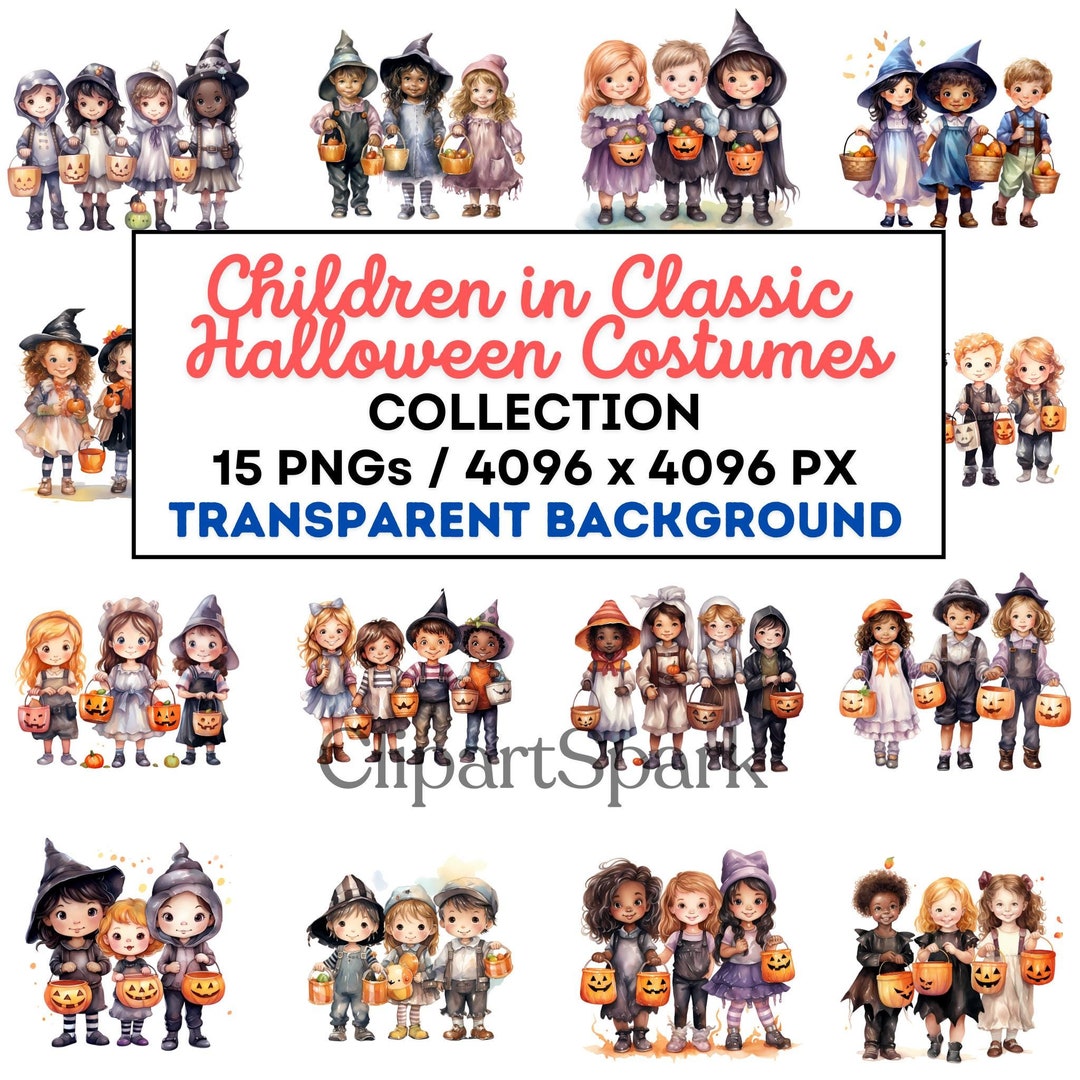 Children in Classic Halloween Costumes Clipart | 15 Pngs | Transparent ...