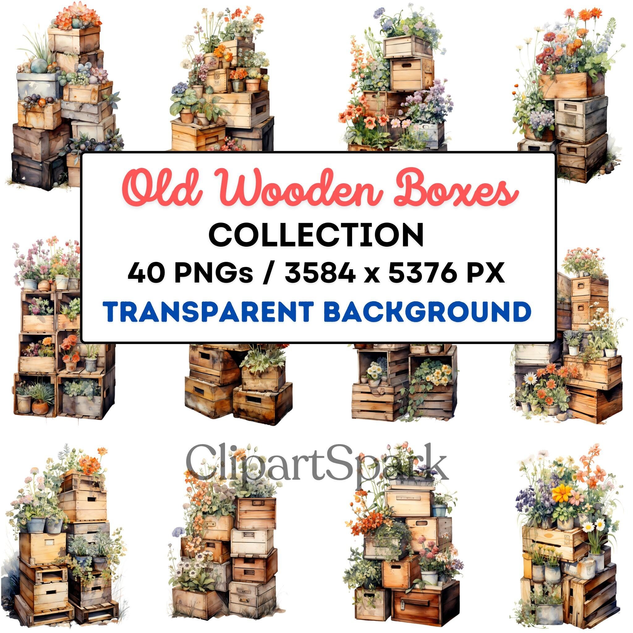 Old Wooden Boxes Clipart Collection - 40 Pngs | Rustic Farmhouse Decor ...