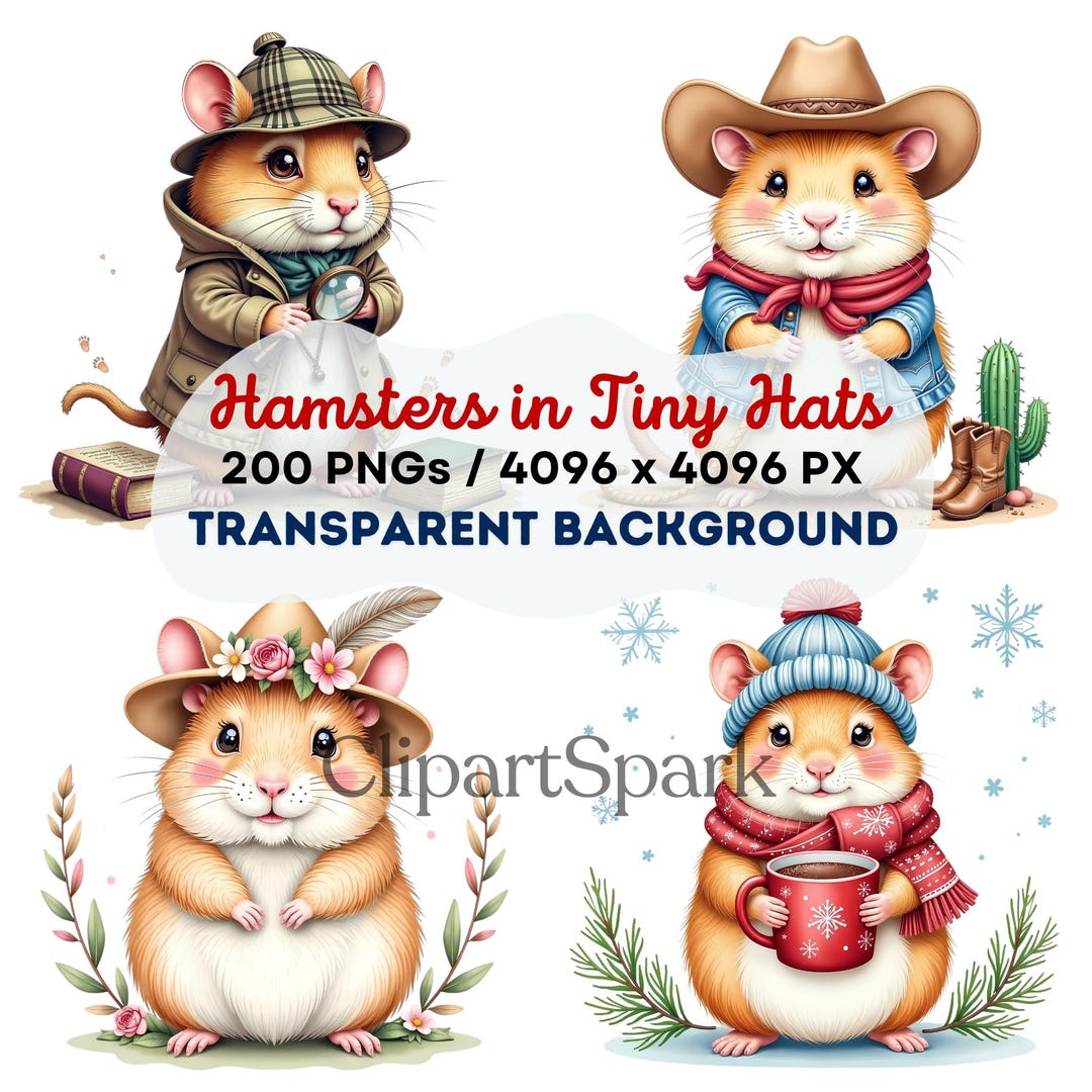Hamsters in Tiny Hats Clipart Bundle | 200 Pngs | 4096x4096 Px | Cute ...